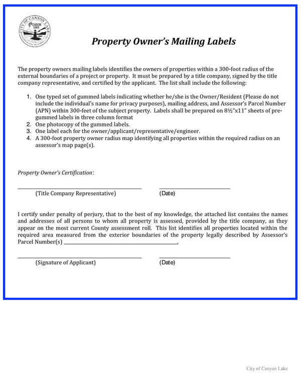 Canyon Lake Property Owner's Mailing Labels - 300 foot radius - Express ...